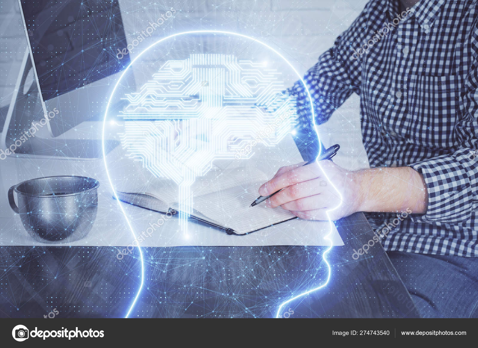 Man typing on keyboard background with brain hologram. Concept of big Data. Double exposure ...