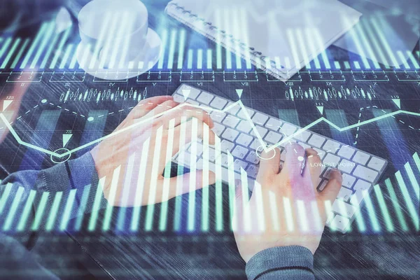 Double exposure of tech drawings with hands working on computer ...