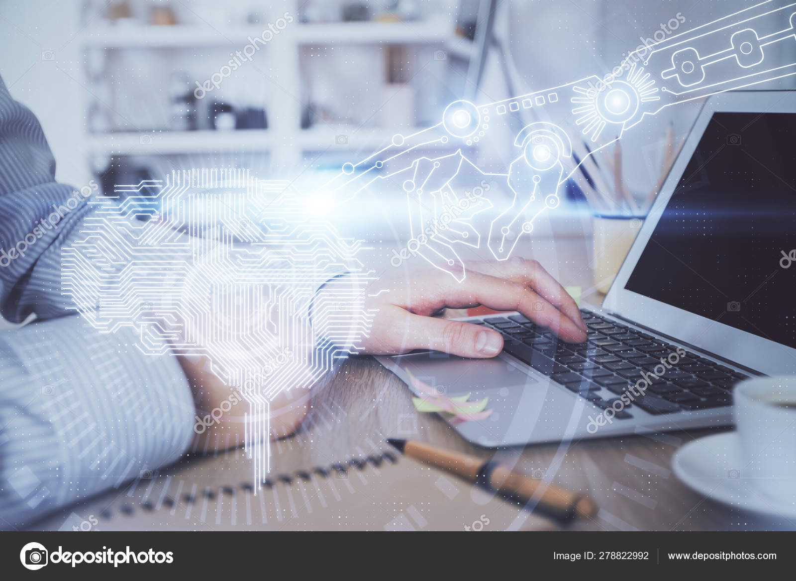 Man typing on keyboard background with brain hologram. Concept of big Data. Double exposure ...