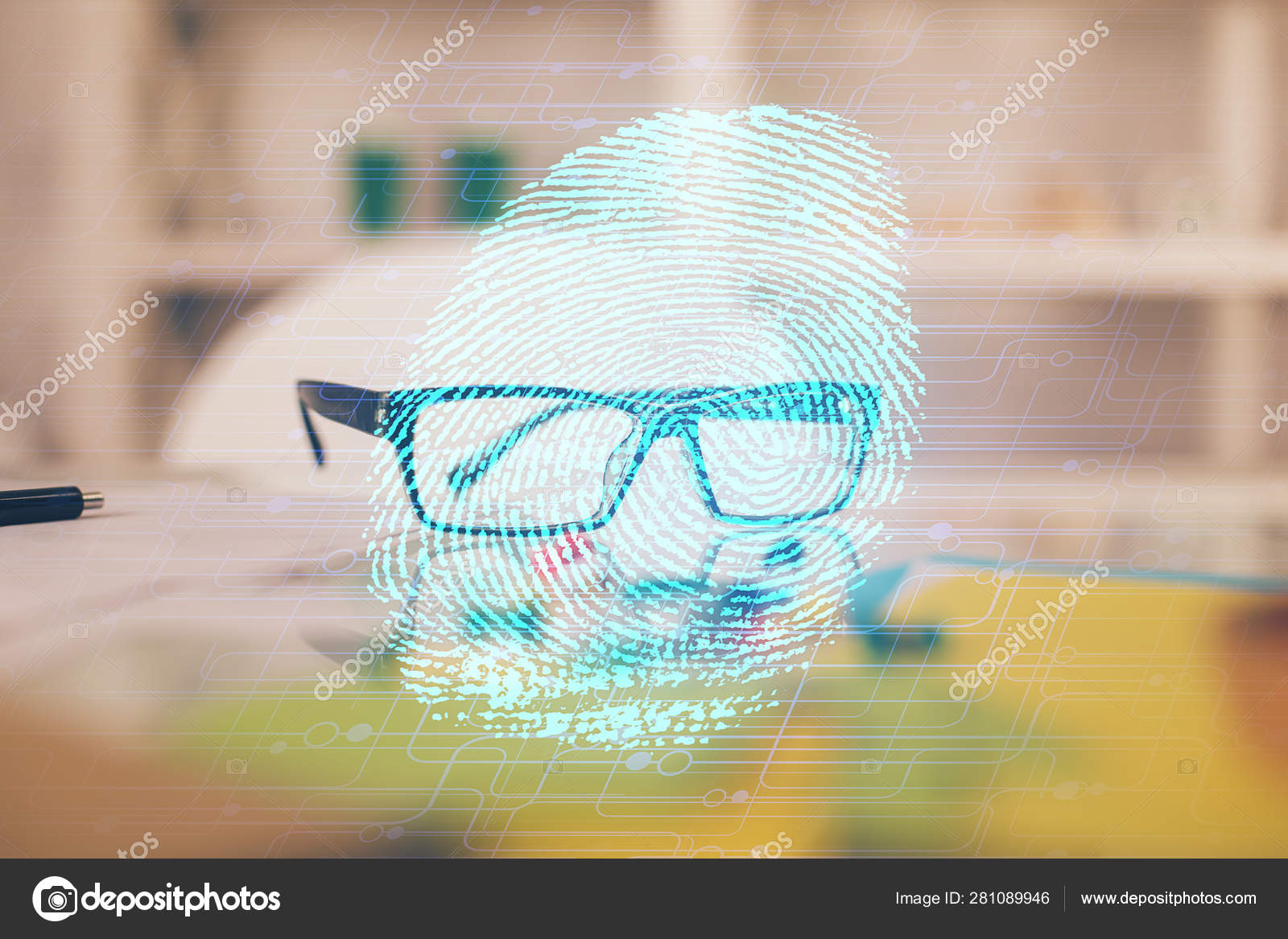 Fingerprint drawing with glasses on the table background. Concept of ...