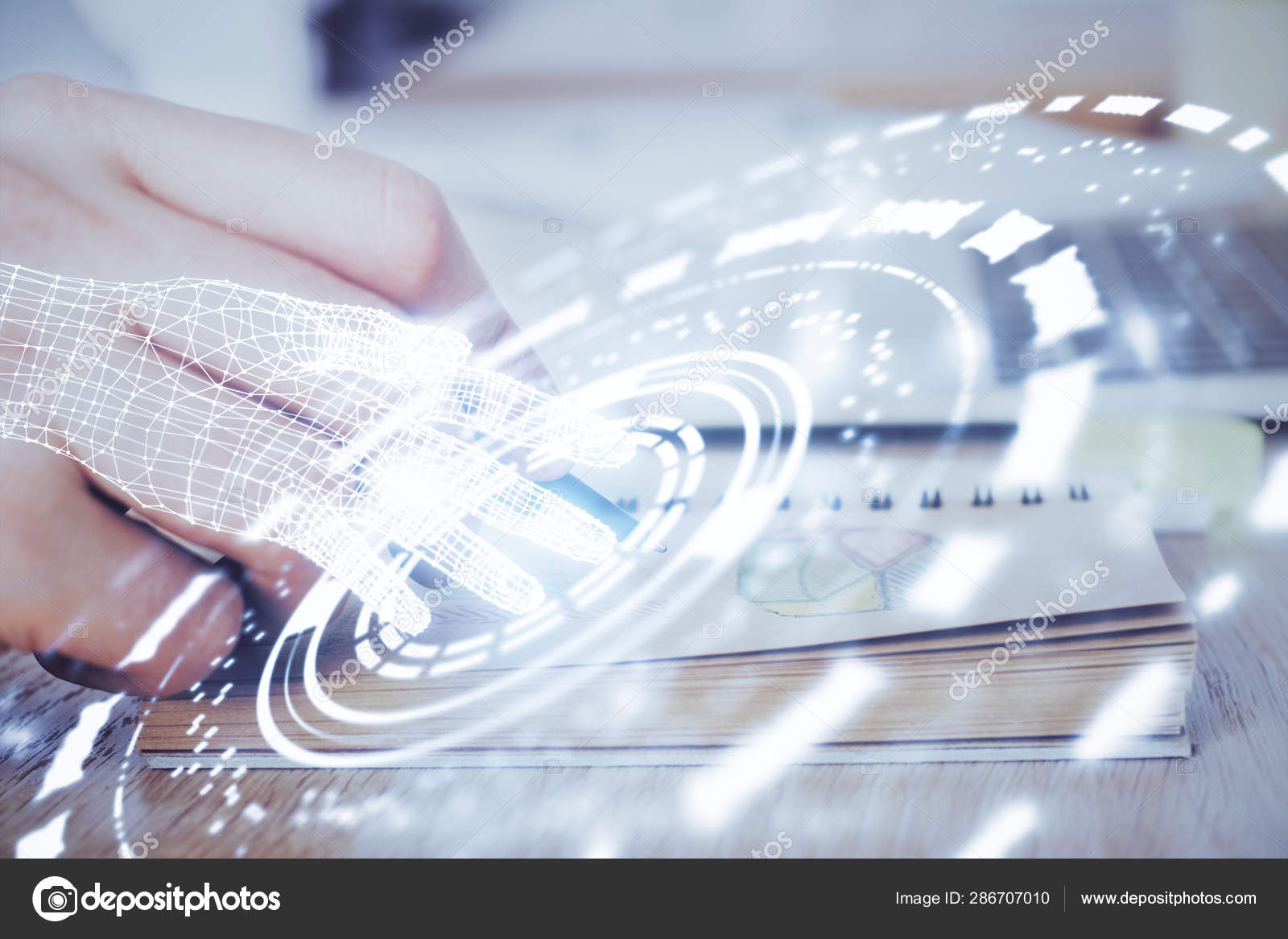 Writing human hands with data theme multi exposure icons. — Stock Photo ...