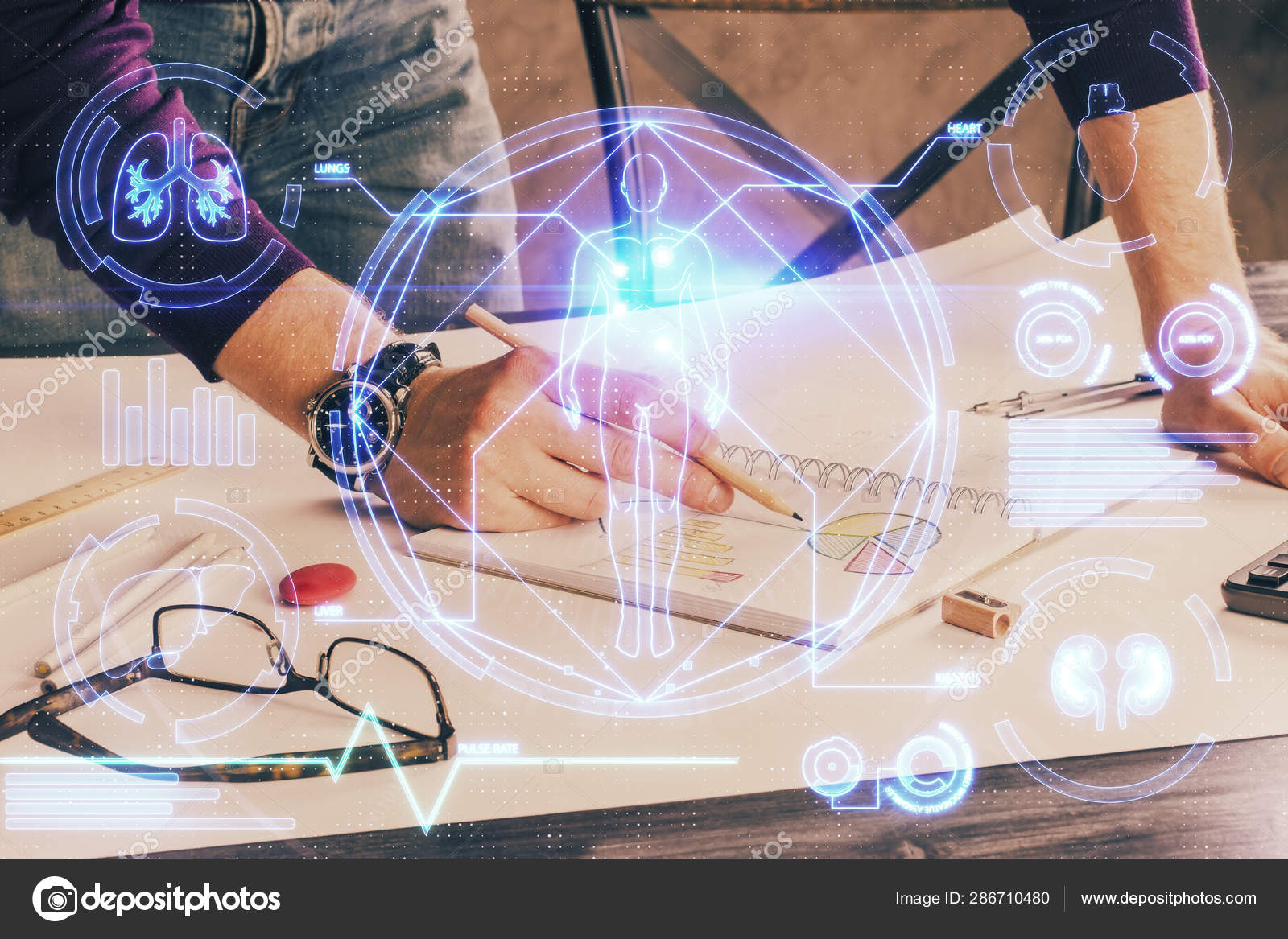 Man's hands working with notes background. Modern computer record ...