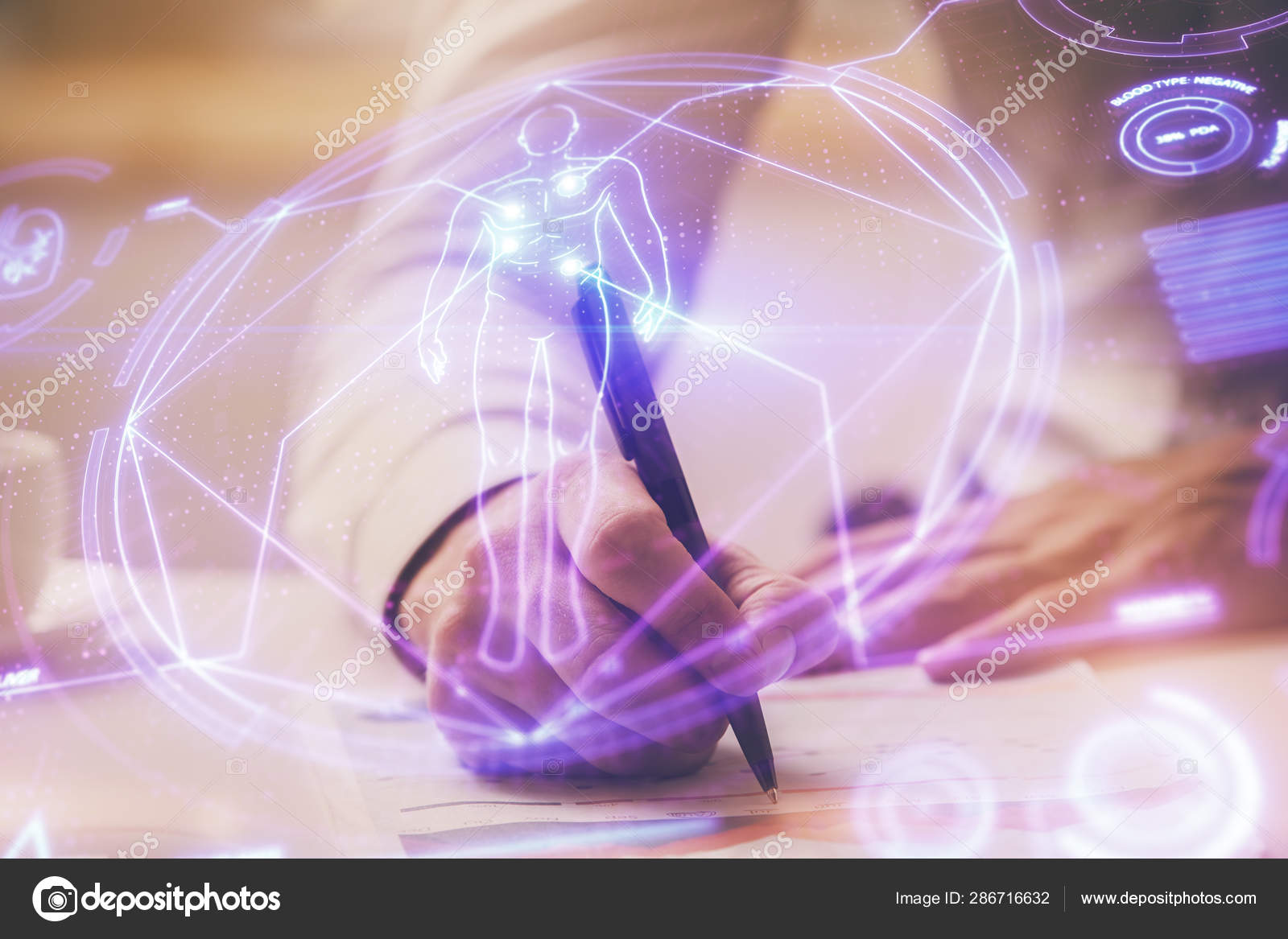 Man's hands working with notes background. Modern computer record ...