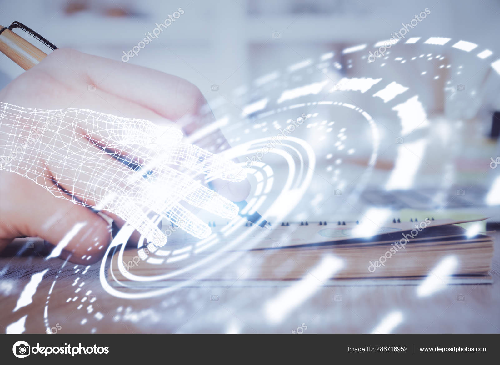 Writing Man hands with data theme multi exposure icons. — Stock Photo ...