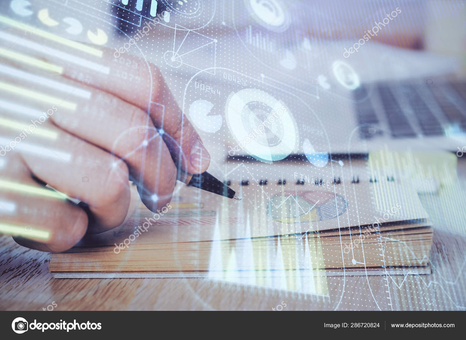 Writing human hands with data theme multi exposure icons. — Stock Photo ...
