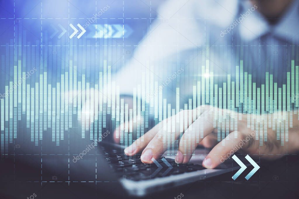 Gr fico de Forex con hombre de negocios escribiendo en la computadora en la oficina en segundo ...