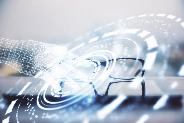 Data tech hologram with glasses on the table background. Concept of ...