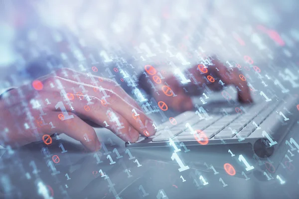 Multi exposure of tech drawings with man working on computer background ...