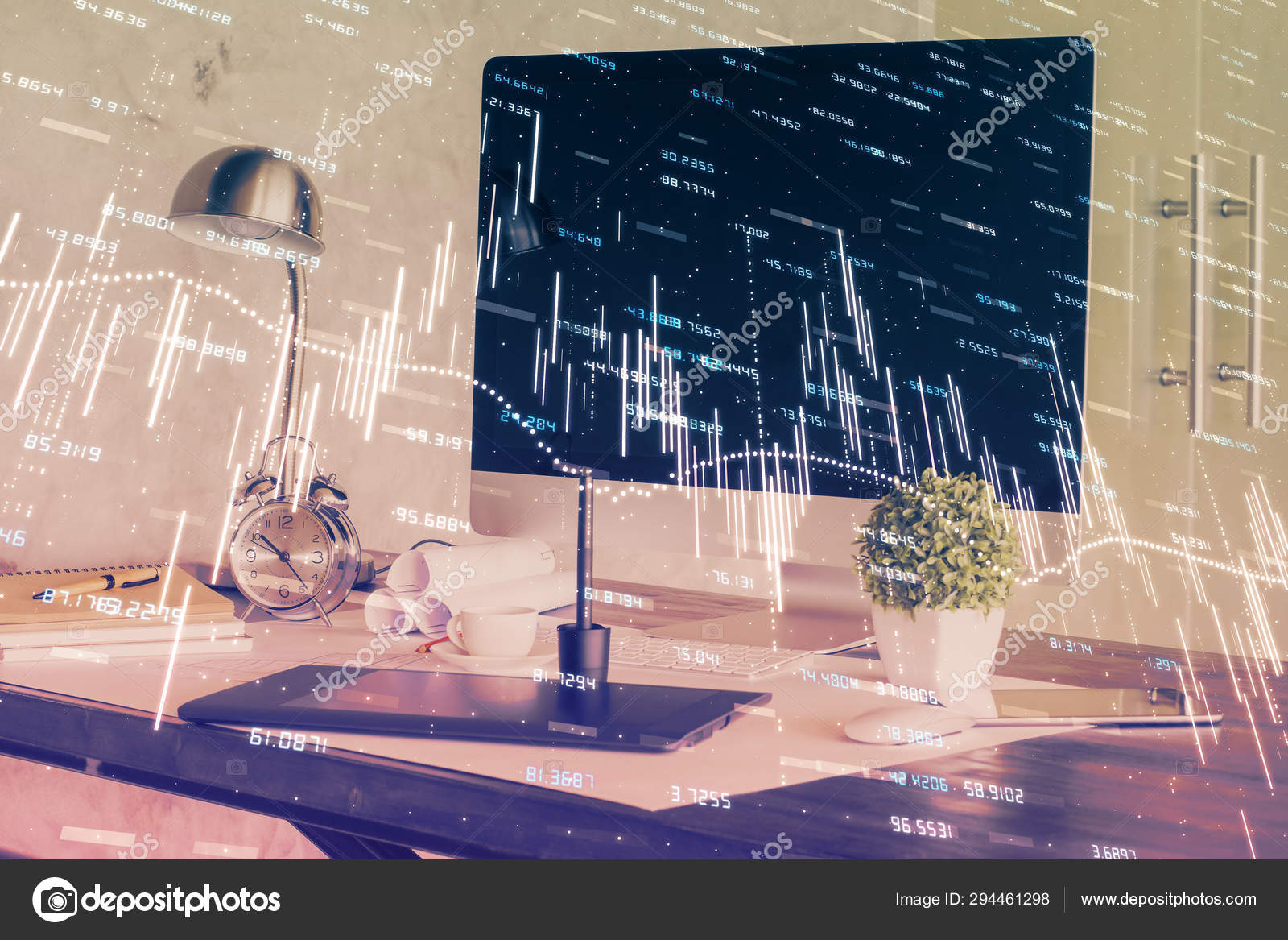 Financial chart drawing and table with computer on background. Double ...