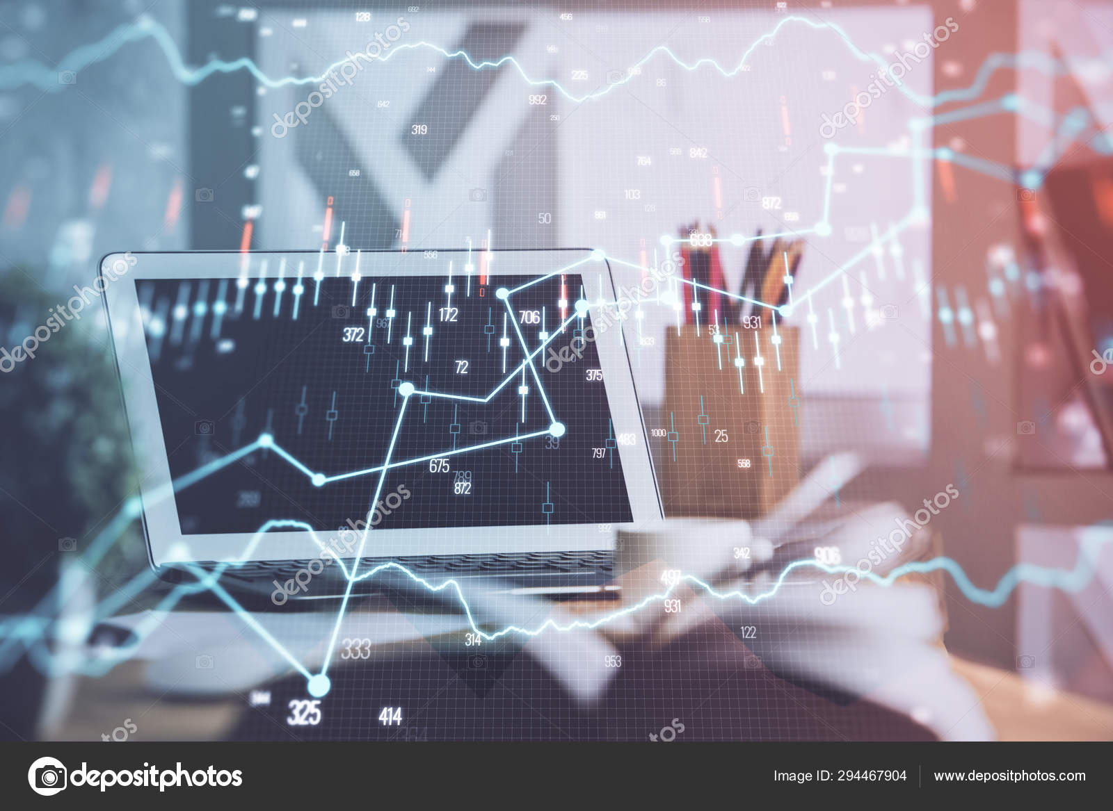 Stock market graph and table with computer background. Multi exposure ...