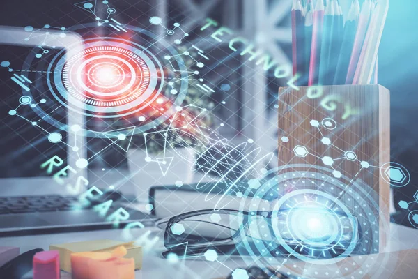 Data tech hologram with glasses on the table background. Concept of ...