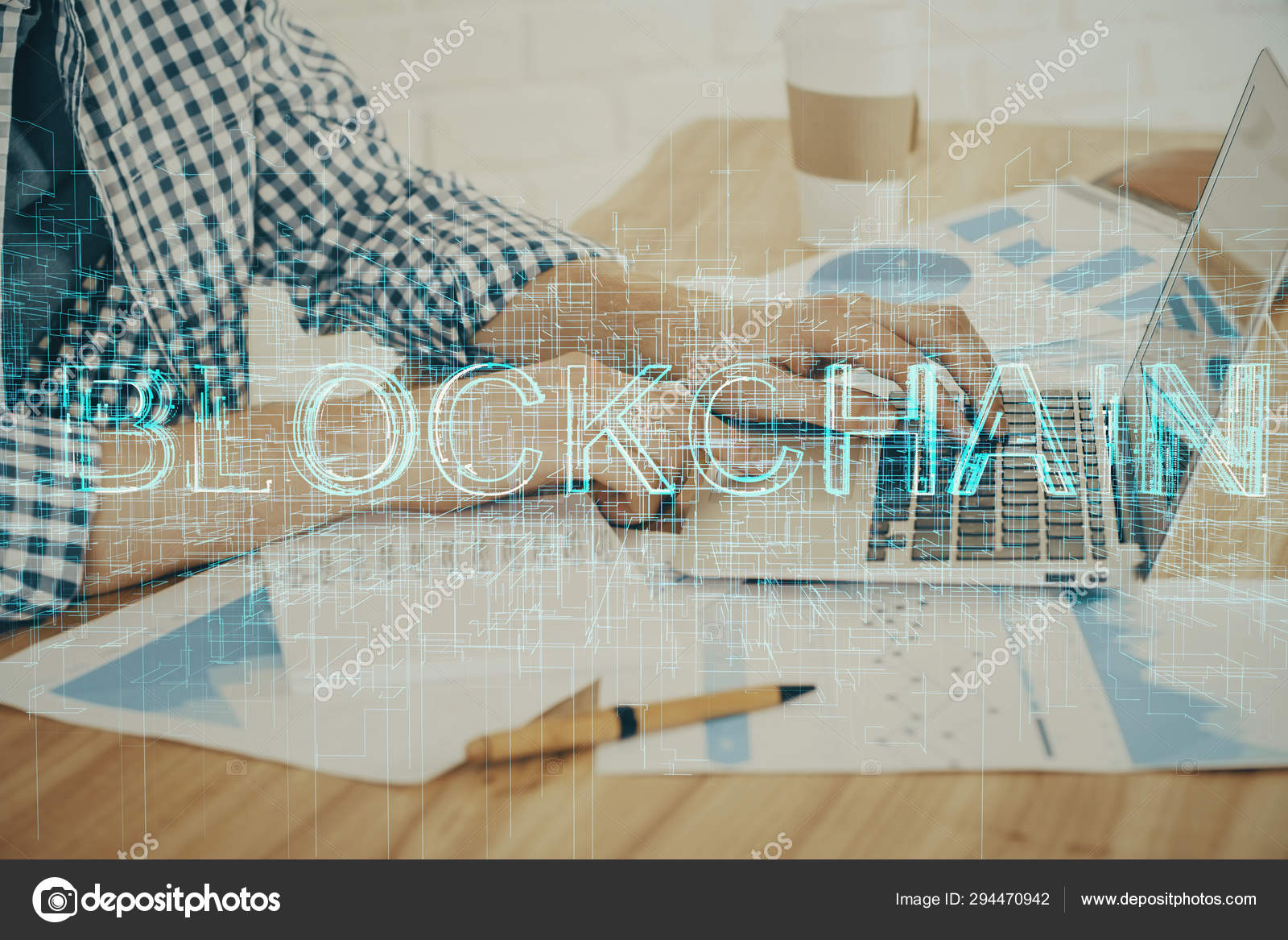Blockchain theme hud with man working on computer on background ...