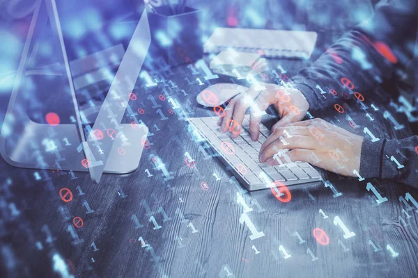 Double exposure of tech drawings with hands working on computer ...