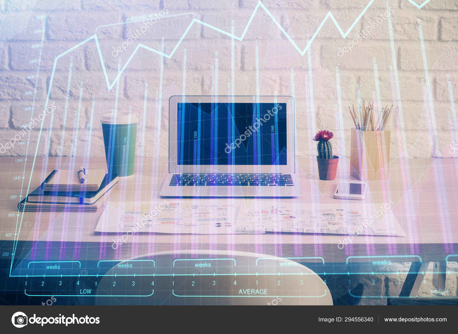 Forex market chart hologram and personal computer background. Multi ...