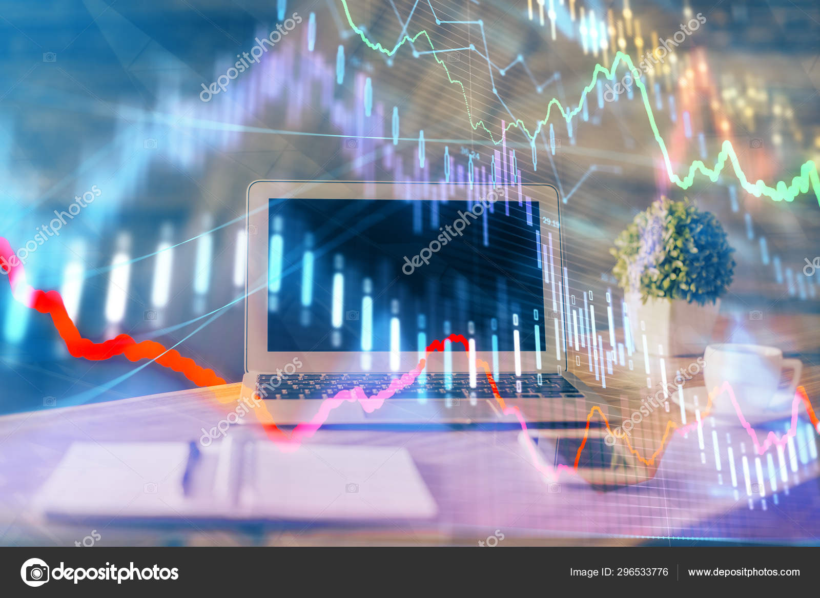 Financial chart drawing and table with computer on background. Multi ...