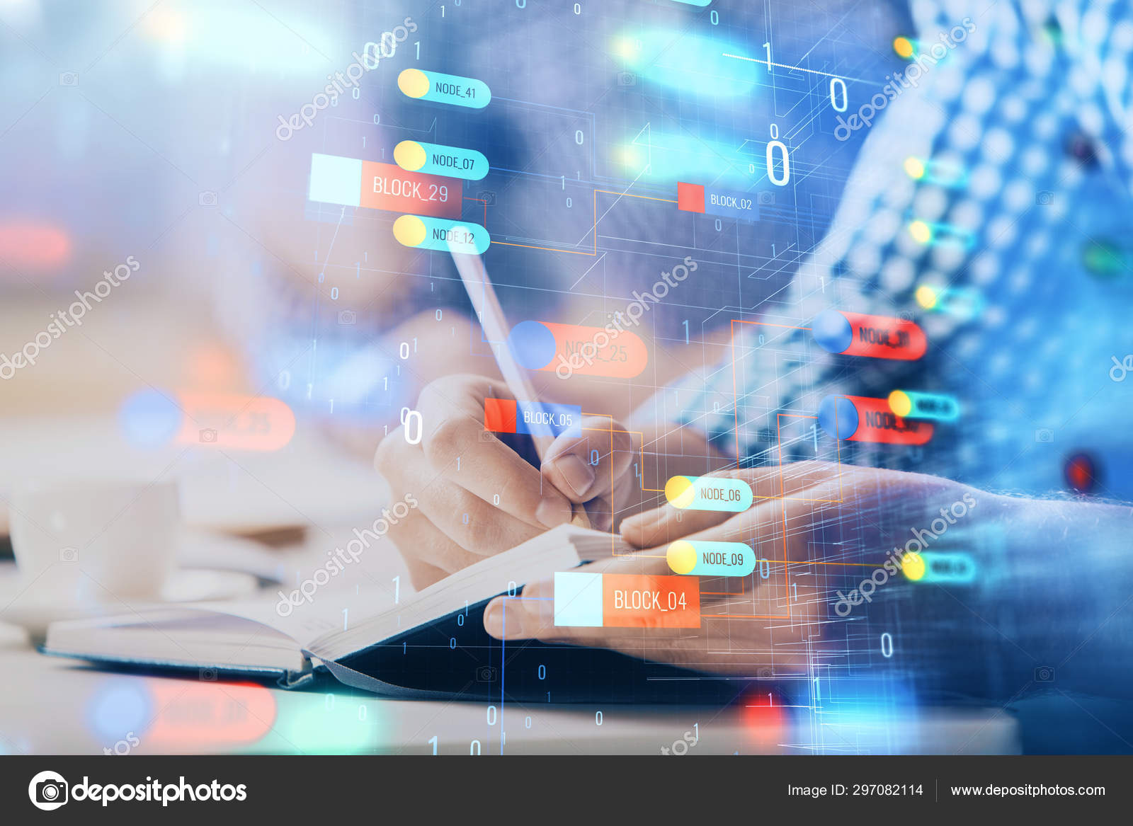 Writing mans hands background with technology icons. — Stock Photo ...