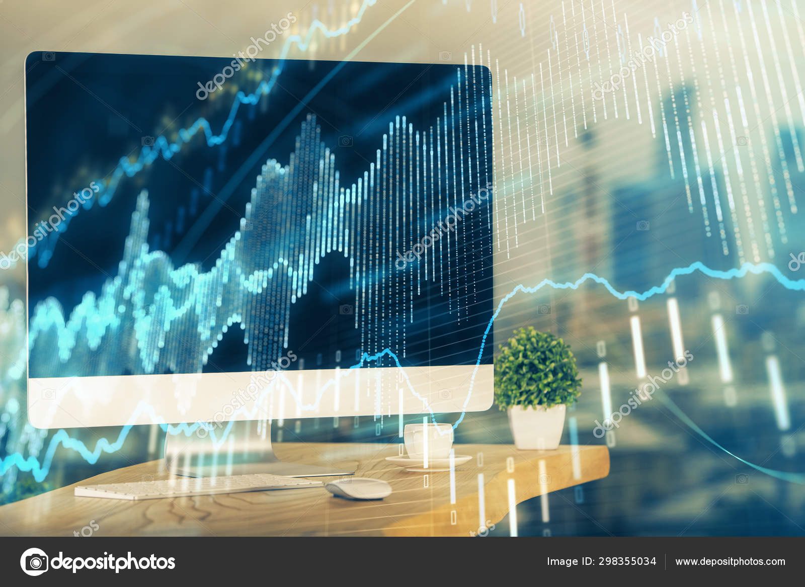 Financial chart drawing and table with computer on background. Multi ...
