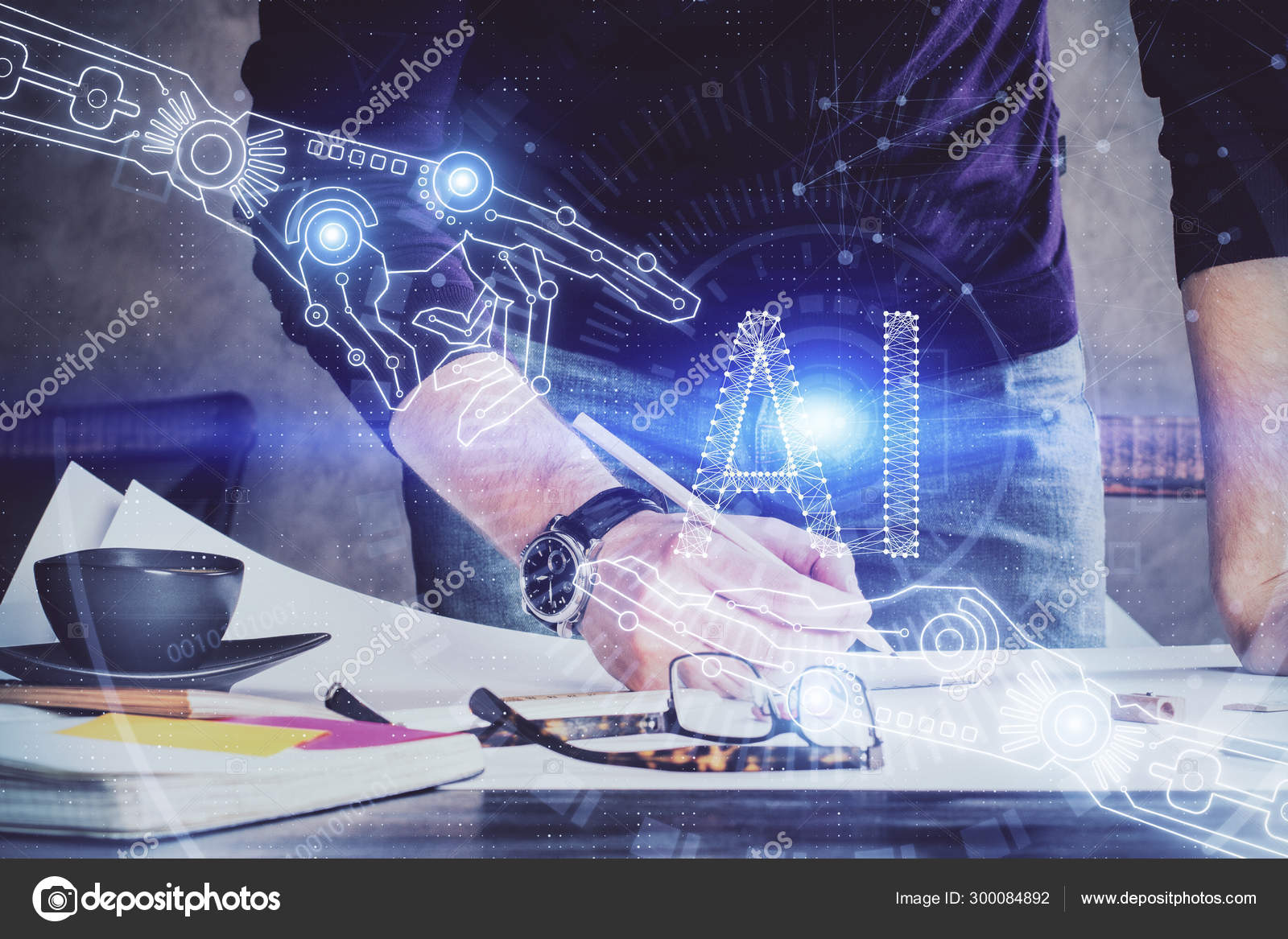 Writing Man hands with data theme multi exposure icons. — Stock Photo ...