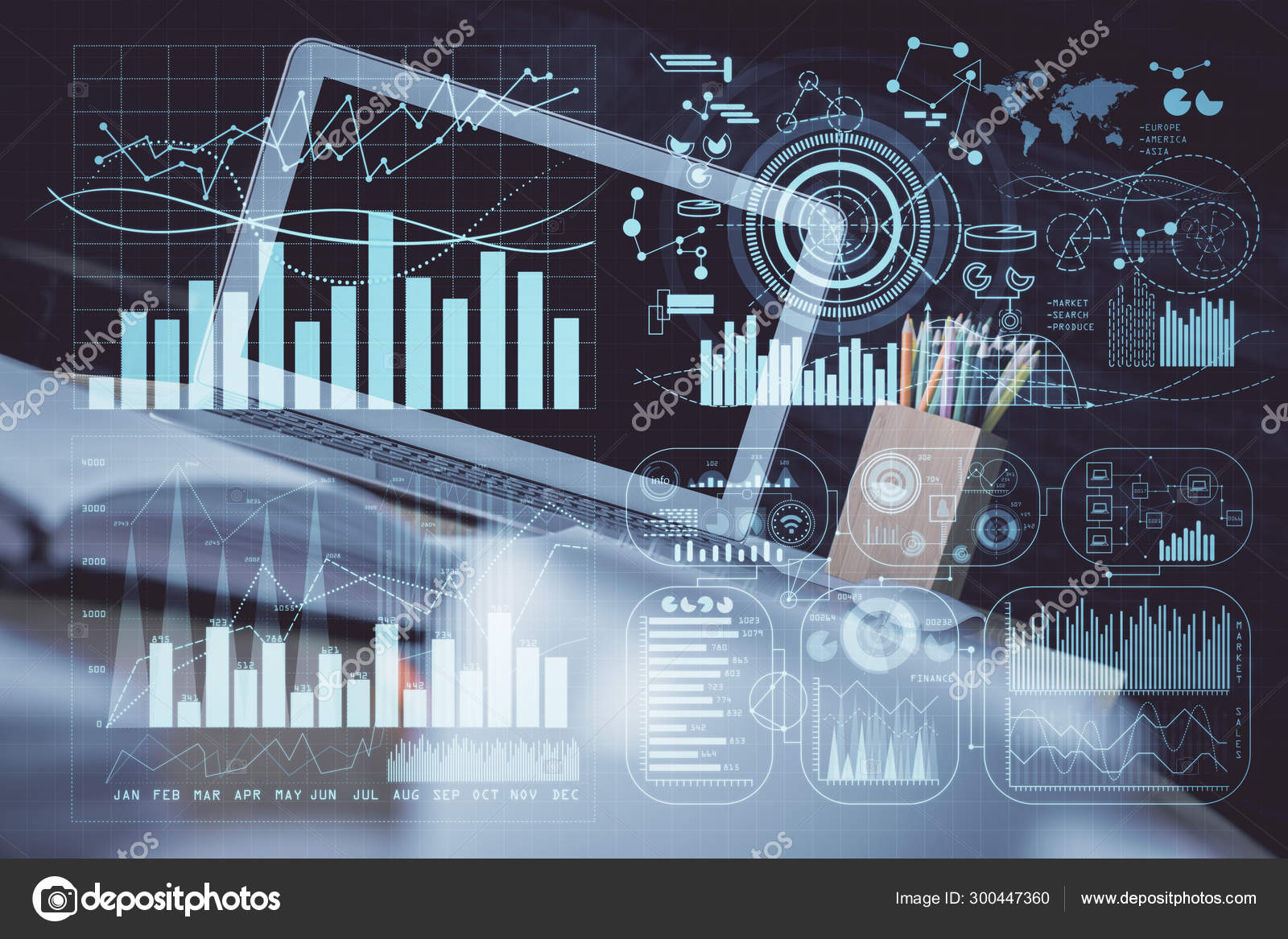 Financial chart drawing and table with computer on background. Multi ...