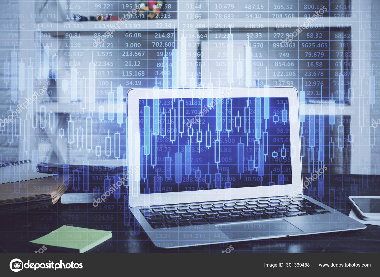 Financial chart drawing and table with computer on background. Multi ...