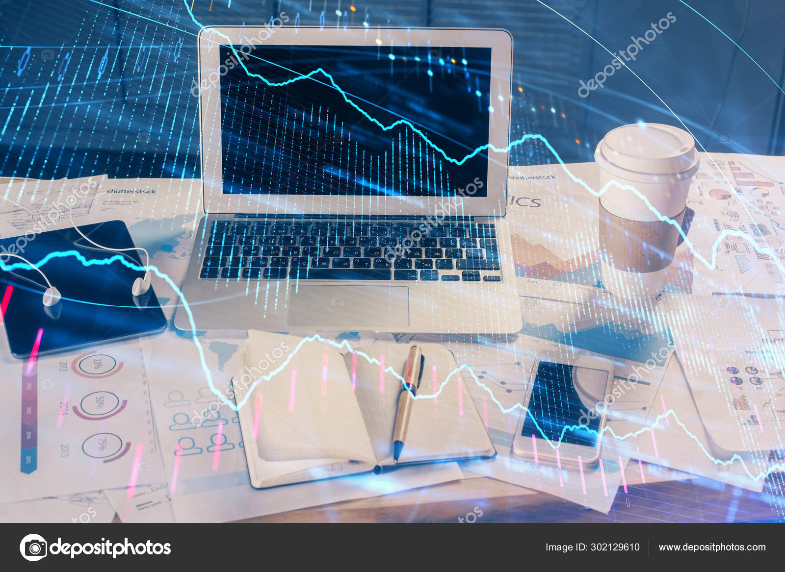 Financial chart drawing and table with computer on background. Double ...