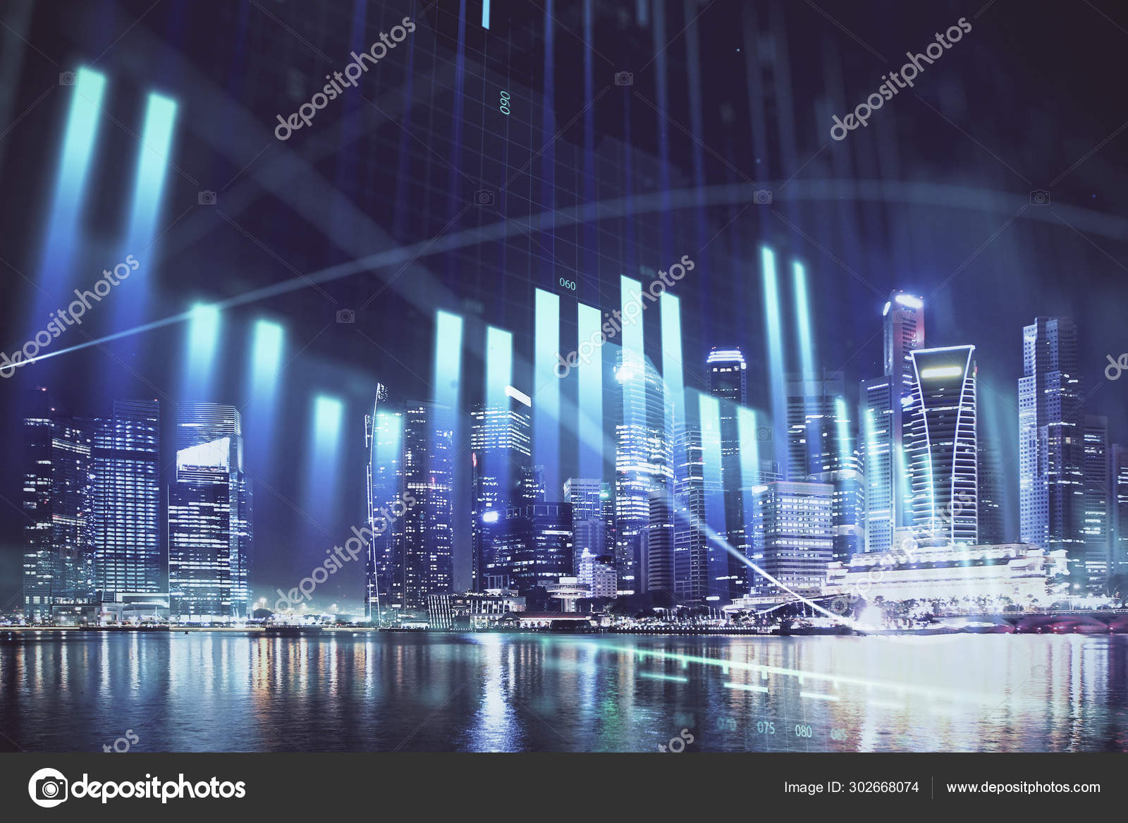 Financial chart on city scape with tall buildings background multi ...