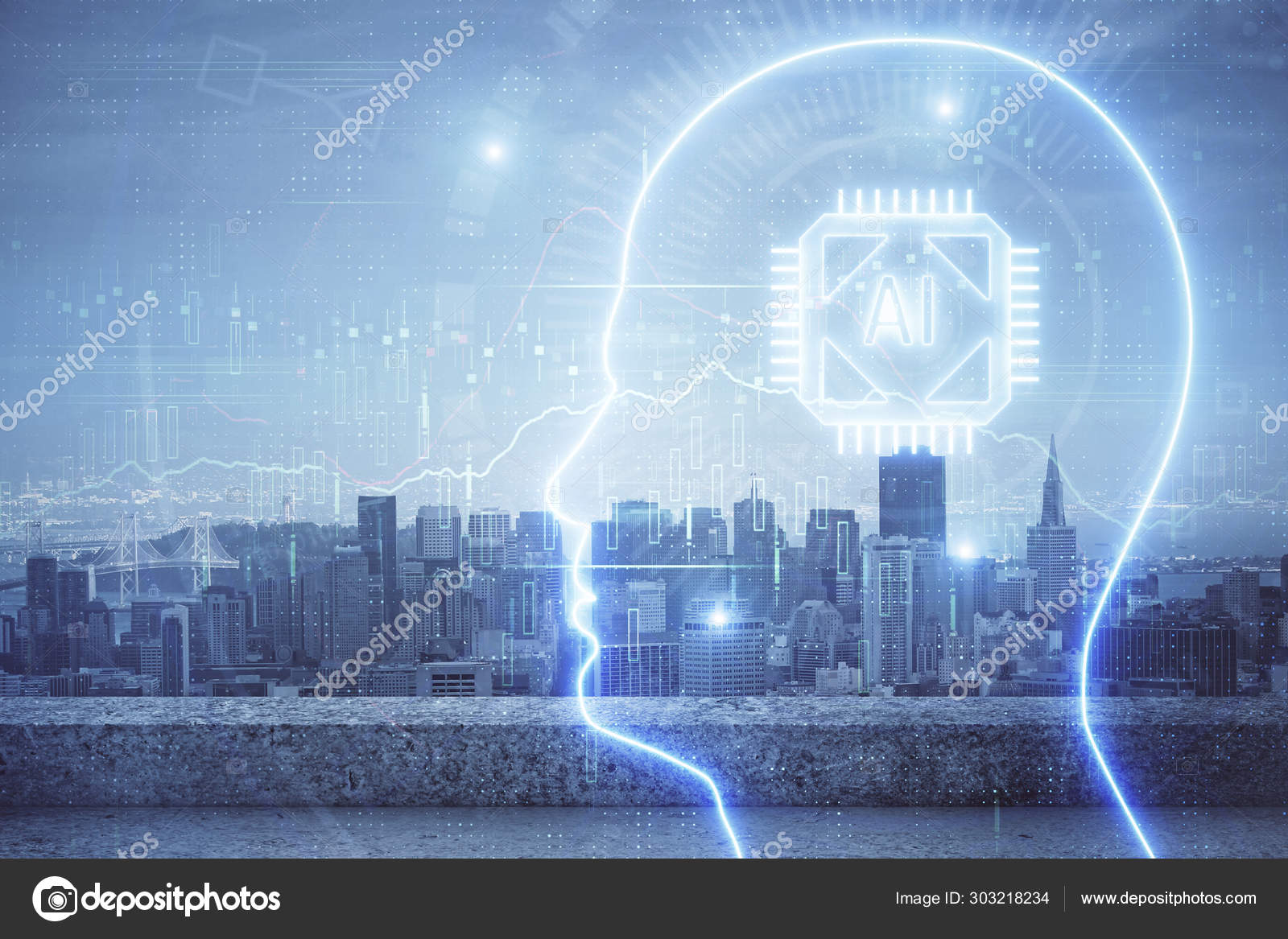 Brain hologram drawing on cityscape background multi exposure. Ai in ...