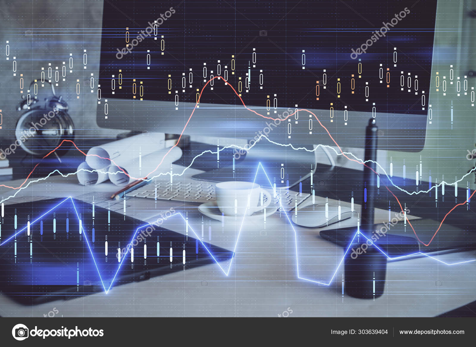 Financial chart drawing and table with computer on background. Double ...