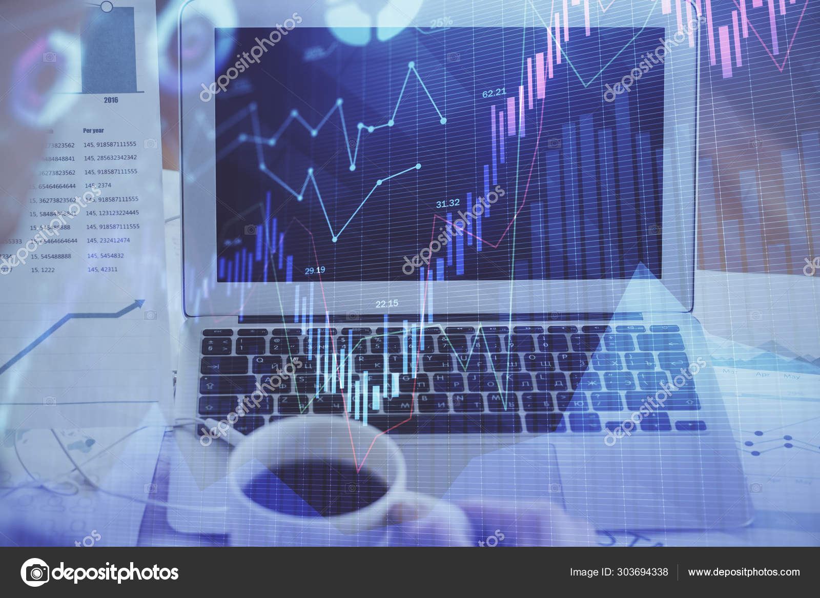 Stock market graph and table with computer background. Multi exposure ...