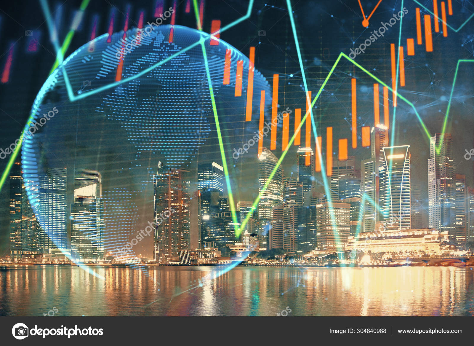 Financial chart on city scape with tall buildings background multi ...