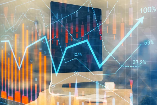 Stock market graph and table with computer background. Double exposure ...