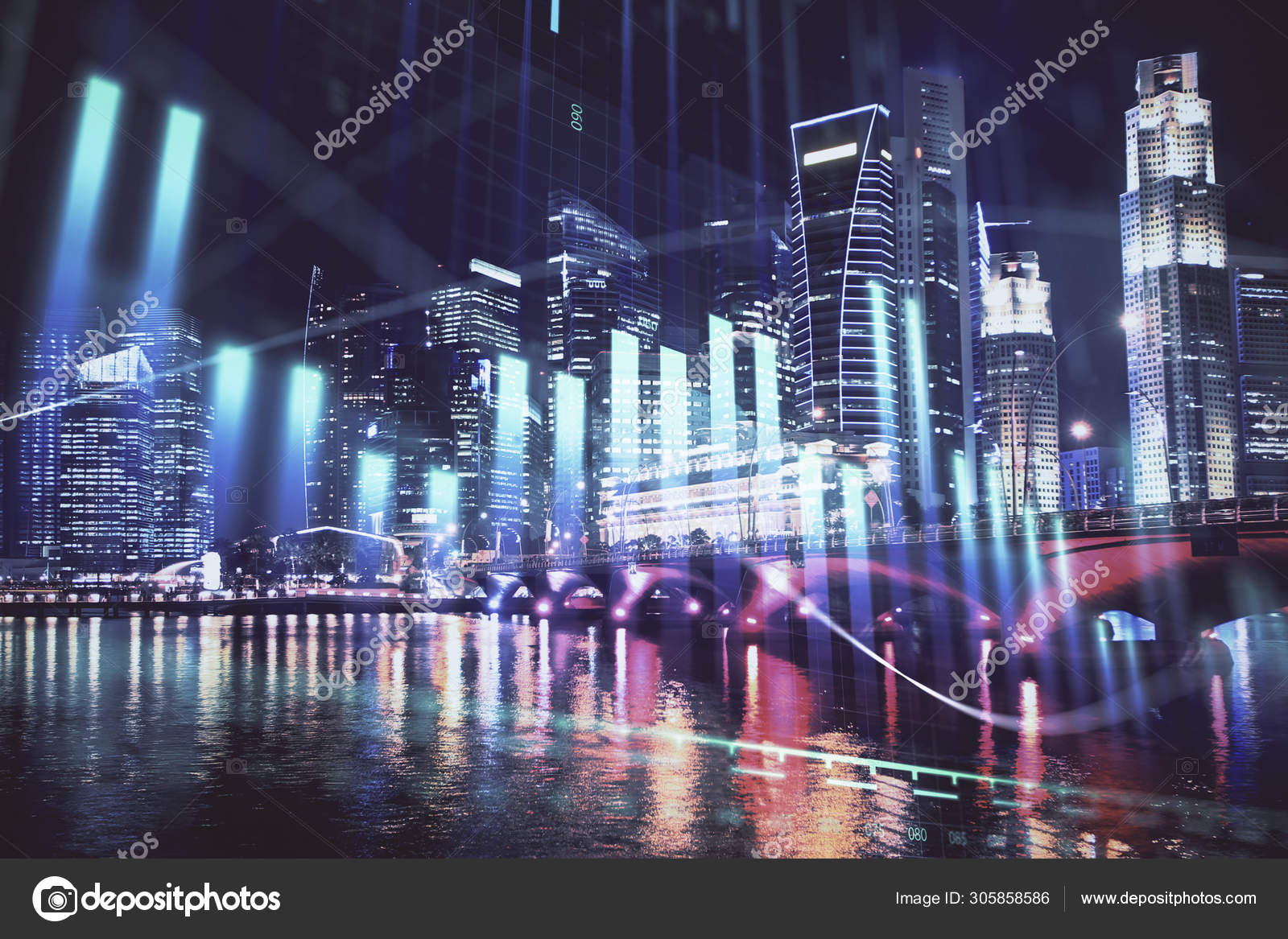 Financial chart on city scape with tall buildings background multi ...