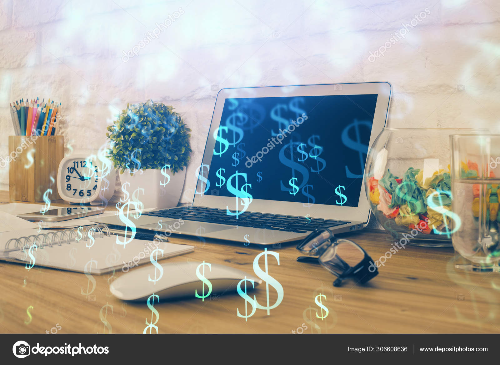 Financial chart drawing and table with computer on background. Multi ...