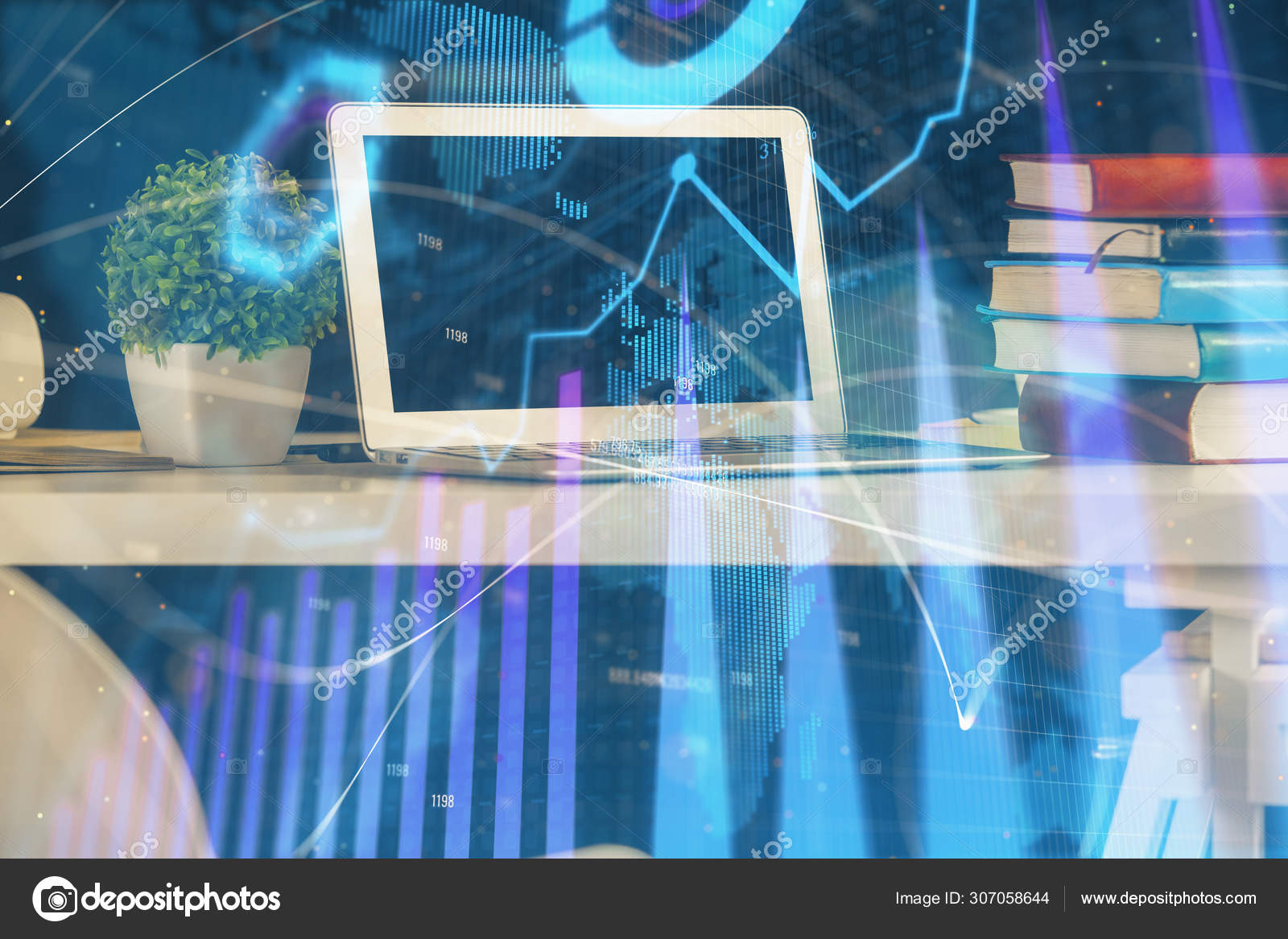 Financial chart drawing and table with computer on background. Multi ...