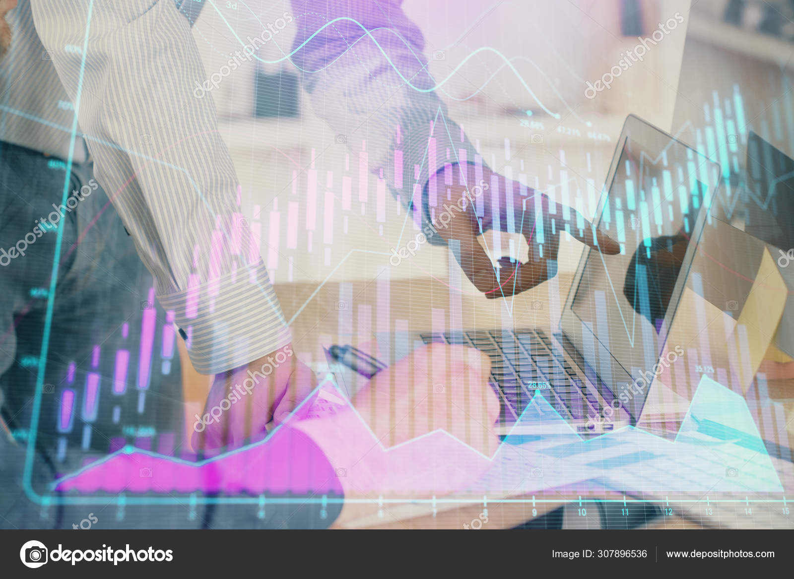 Double exposure of chart with businessman typing on computer in office ...