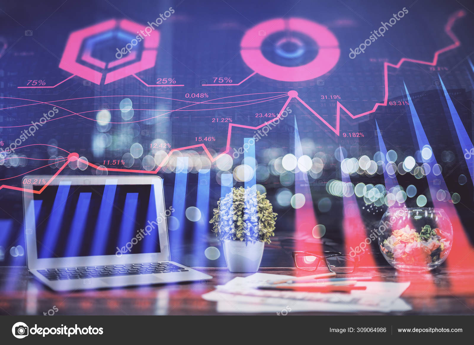 Financial chart drawing and table with computer on background. Double ...