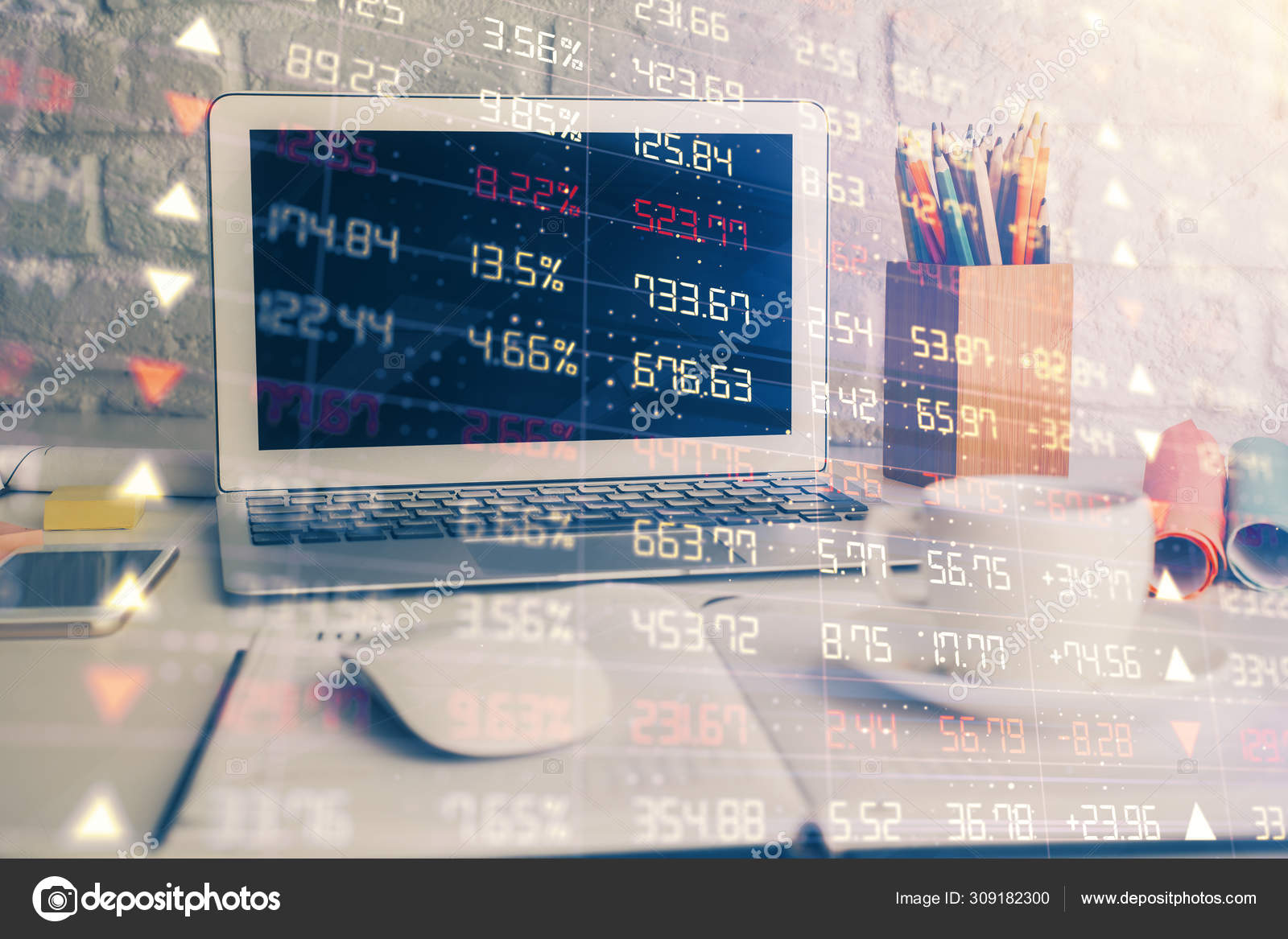 Stock market graph and table with computer background. Multi exposure ...