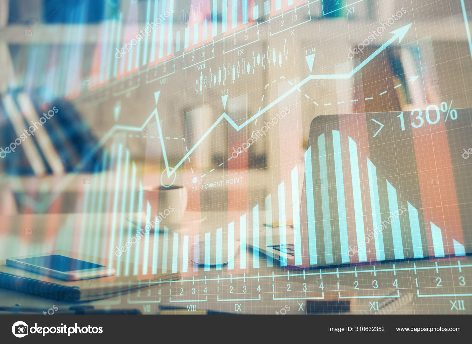 Financial chart drawing and table with computer on background. Multi ...