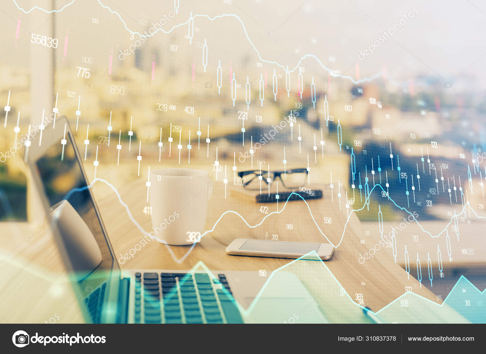 Stock market graph and table with computer background. Multi exposure ...