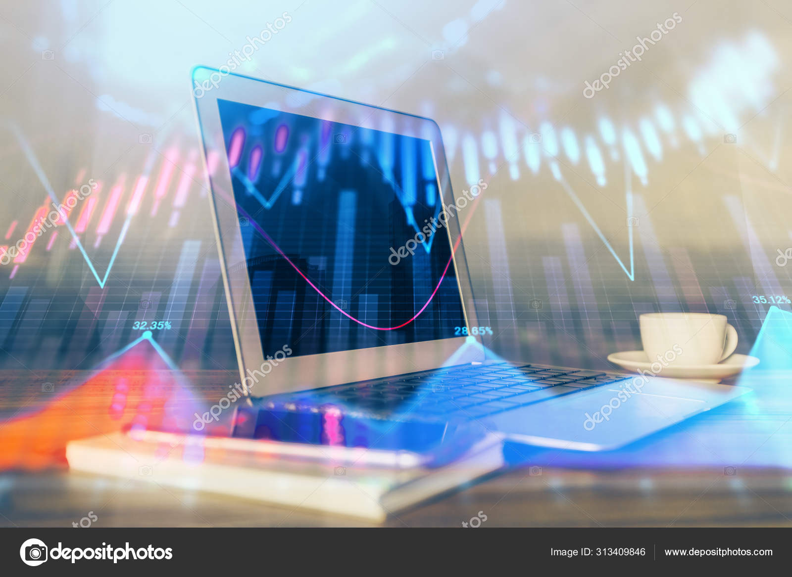 Forex market chart hologram and personal computer background. Double ...