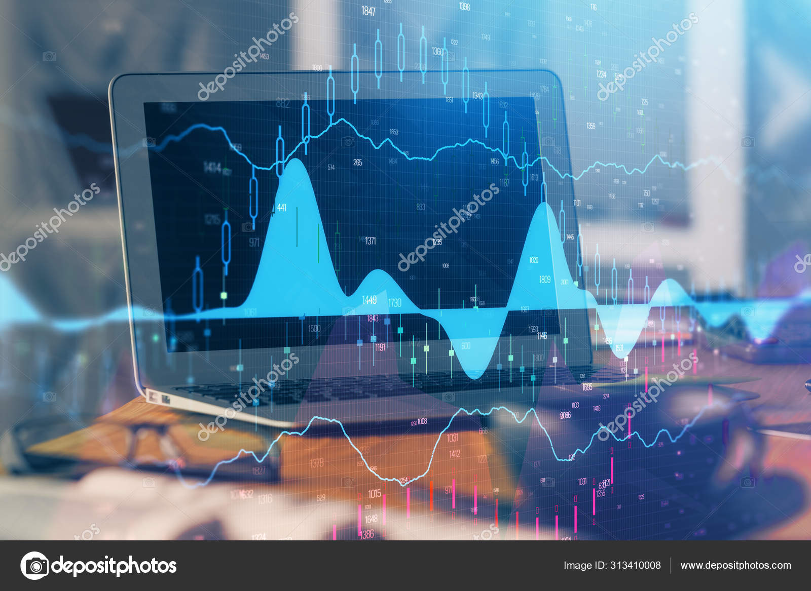 Forex market chart hologram and personal computer background. Multi ...