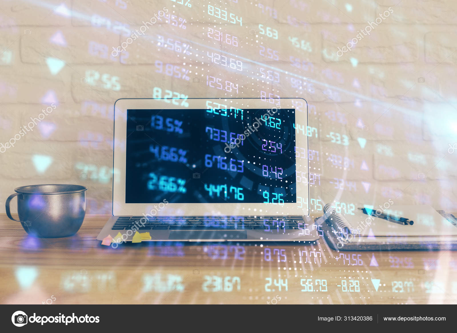 Financial chart drawing and table with computer on background. Multi ...