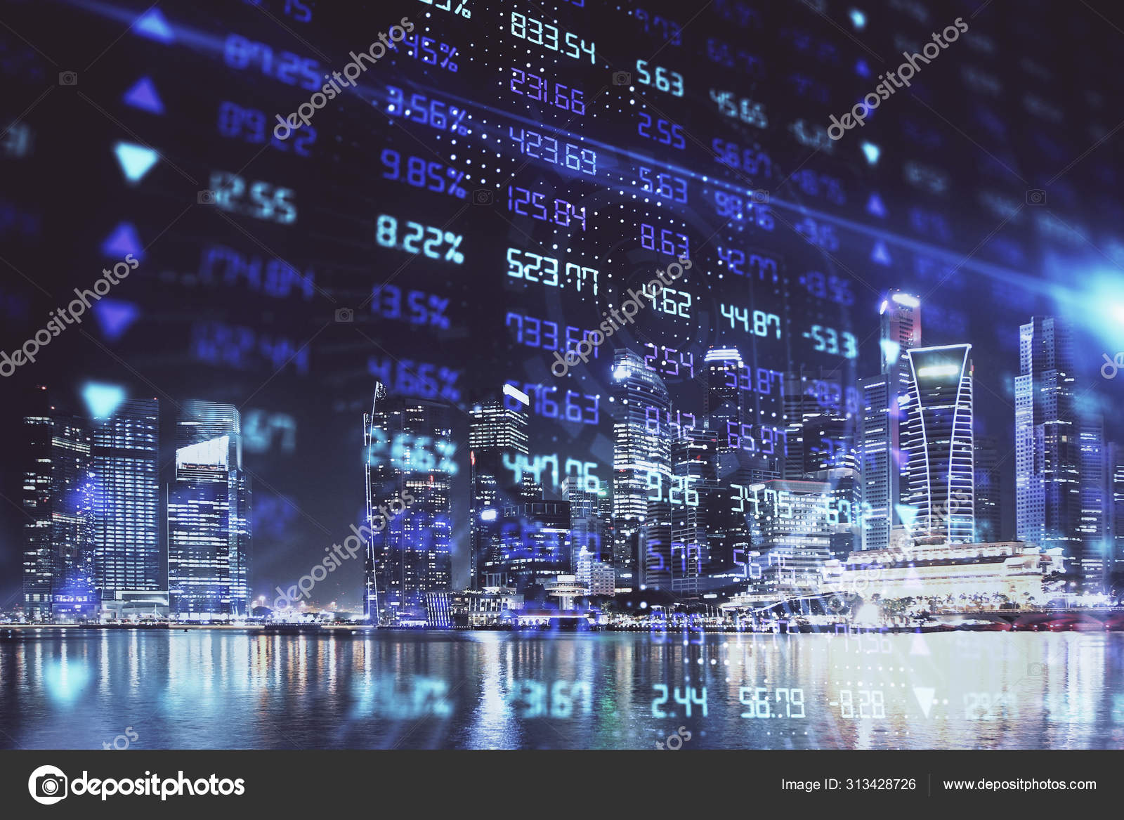 Financial chart on city scape with tall buildings background multi ...
