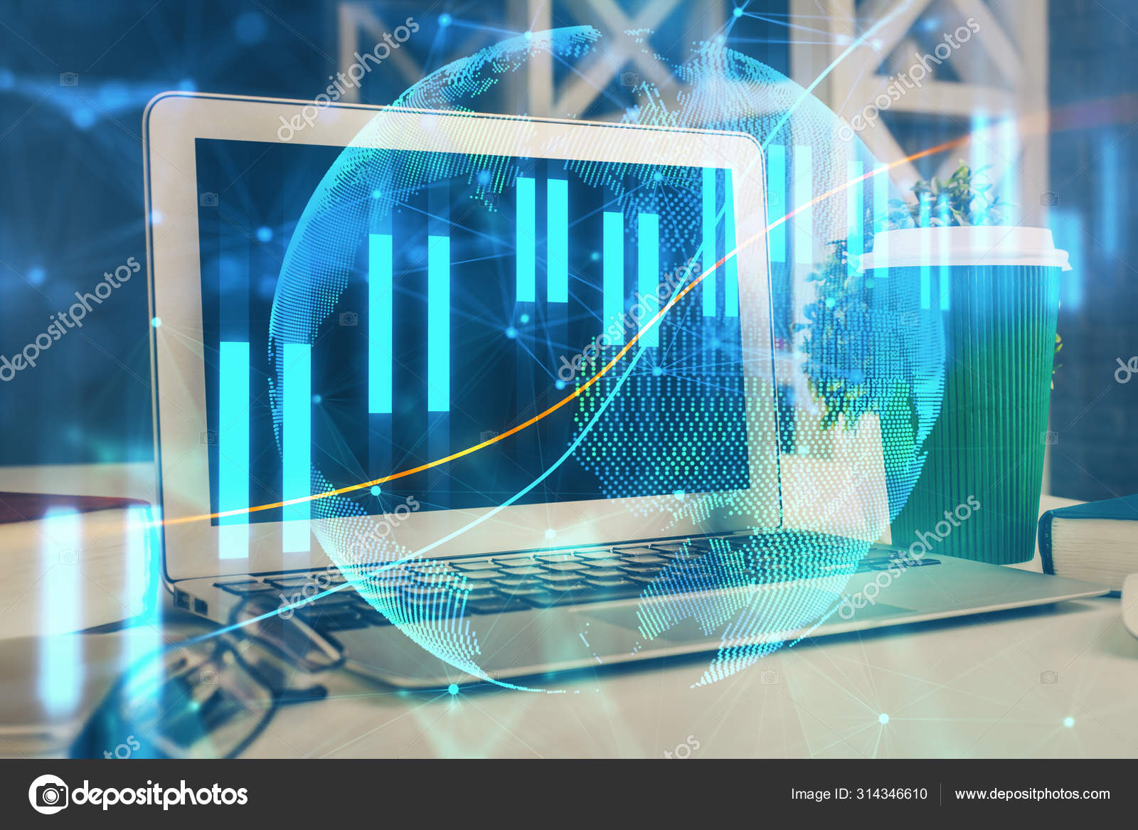 Financial chart drawing and table with computer on background. Multi ...
