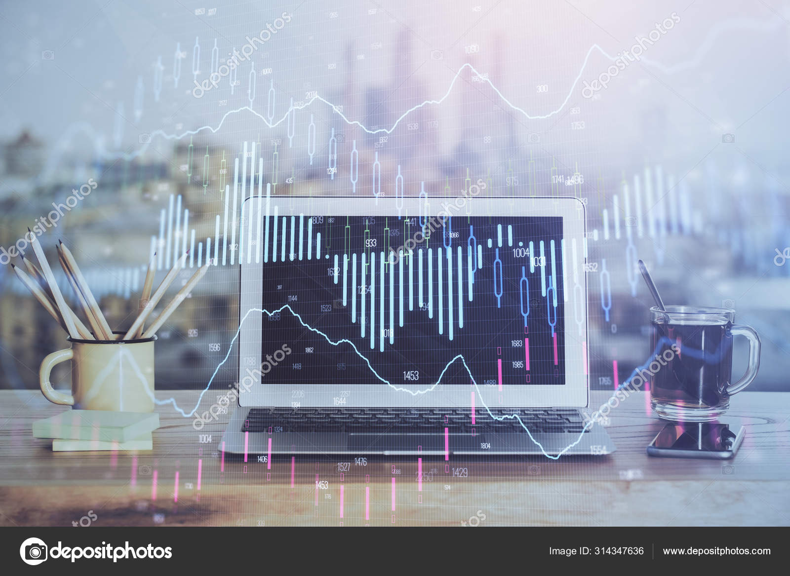 Stock market graph and table with computer background. Multi exposure ...