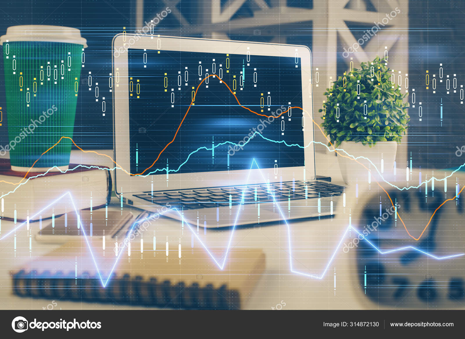 Financial chart drawing and table with computer on background. Multi ...