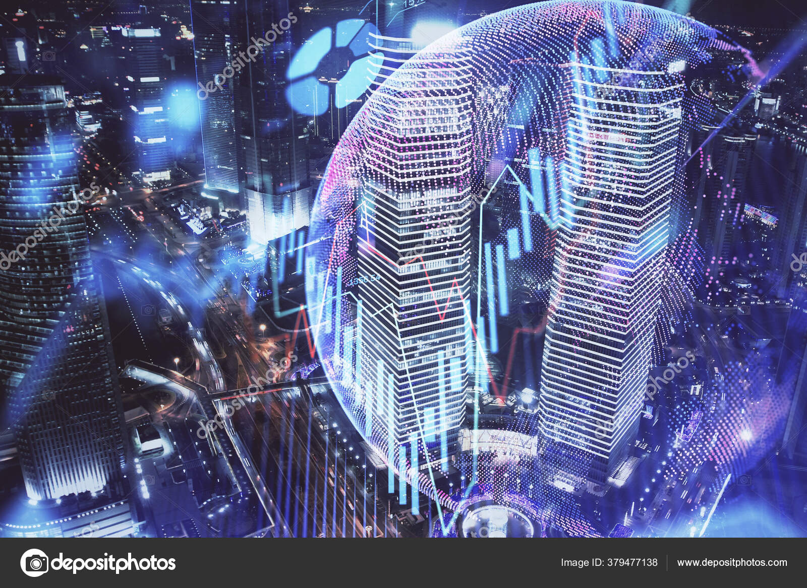 Financial chart on city scape with tall buildings background multi ...