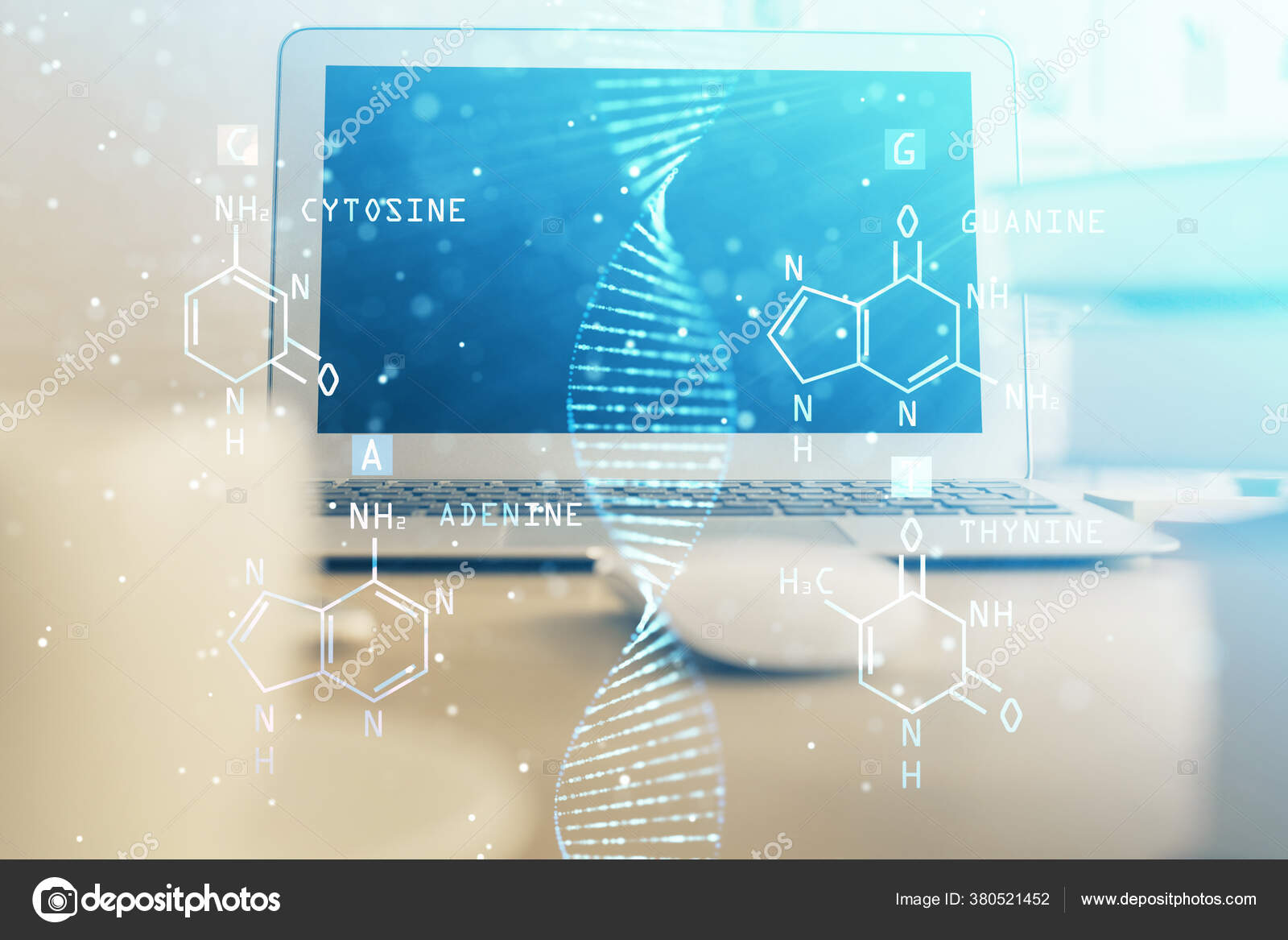 Desktop computer background and DNA drawing. Double exposure. Science ...