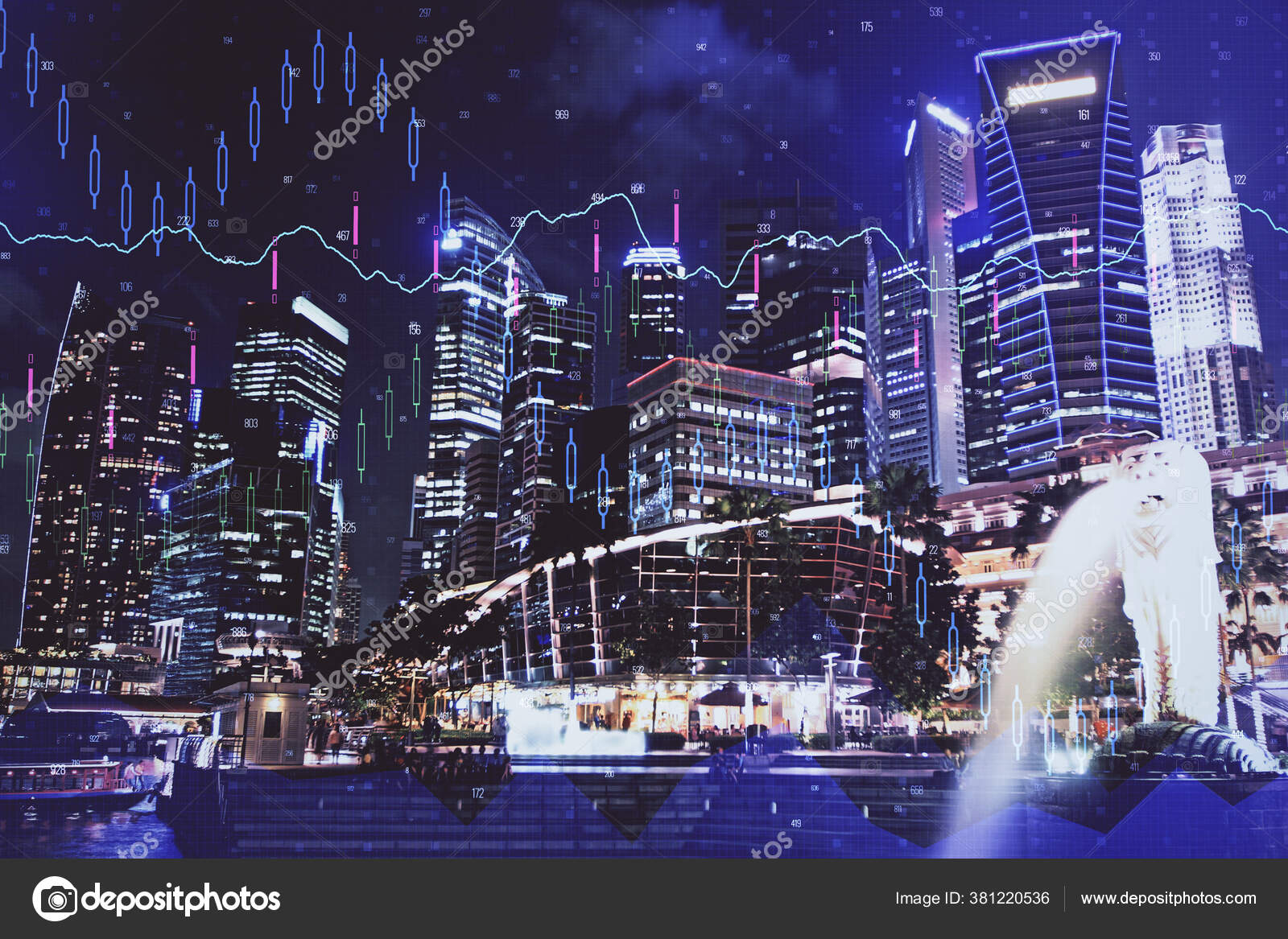Financial chart on city scape with tall buildings background multi ...