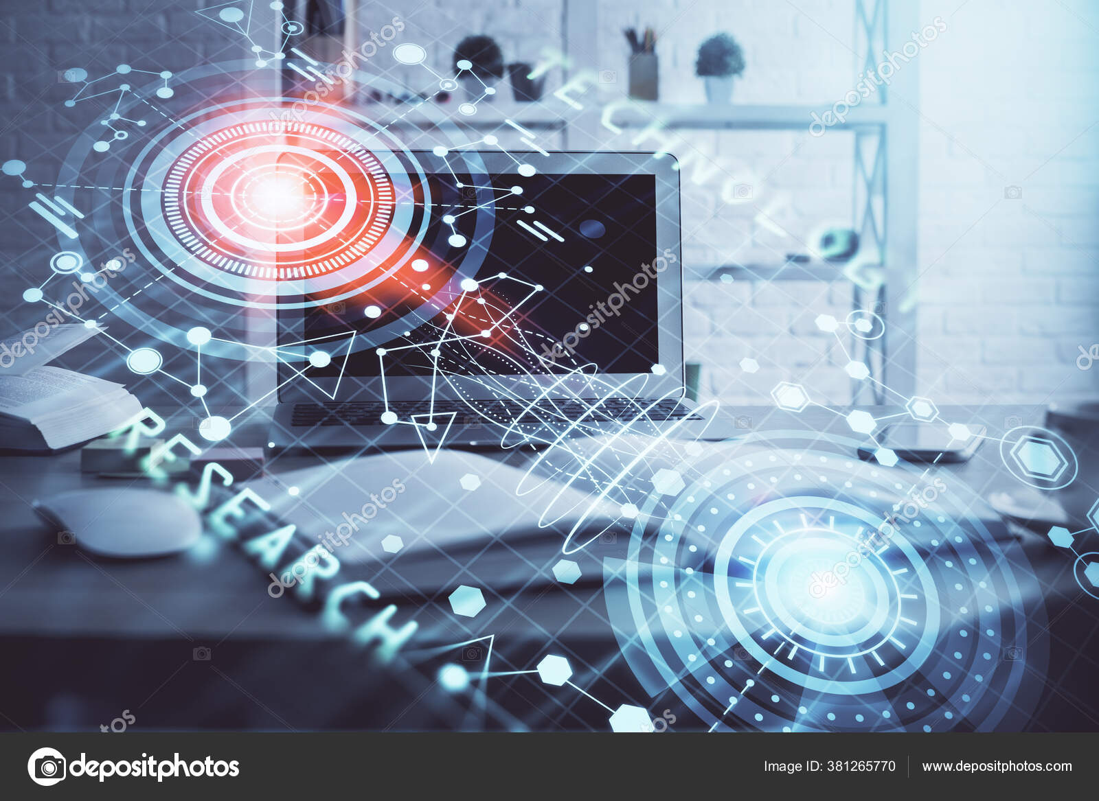 Technology theme drawing and table with computer. Multi exposure ...